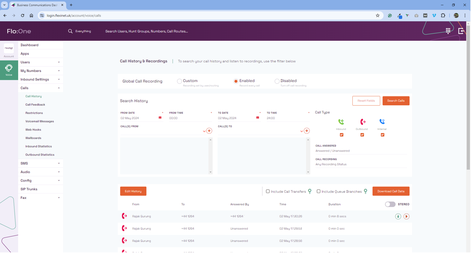 Listening back to recorded calls (Call Recording Playback) – Flo:One